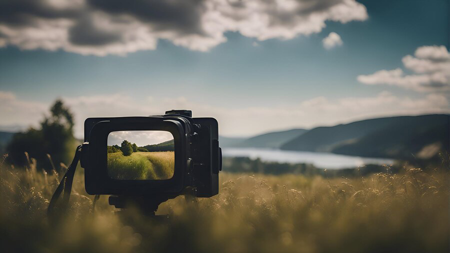 camera-field-with-lake-mountains-background-vintage-style_1057-32489 ...